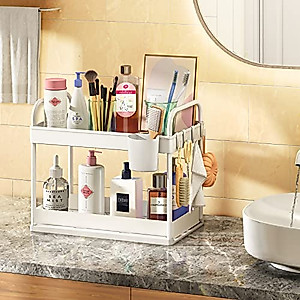 2-Tier Under Sink Organizer, PXRACK Sliding Under Bathroom Cabinet Storage Drawer Basket Organizer Rack with Hooks, Hanging Cup, Handles, Under Sink Shelf Organizer for Bathroom, Kitchen