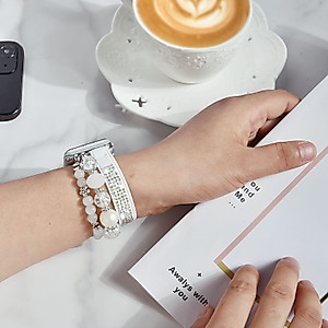 CAGOS Beaded Bracelet Compatible with Apple Watch Band 41mm 38mm 40mm Women, Bling Charm Elastic Scrunchie Dressy Strap for iWatch Bands Series 9/8/7/6/5/4/3/2/1/SE, Pure White