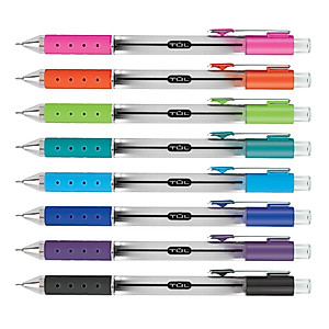TUL Retractable Gel Pens, Needle Point, 0.5 mm, Gray Barrel, Assorted Bright Ink Colors, Pack Of 8