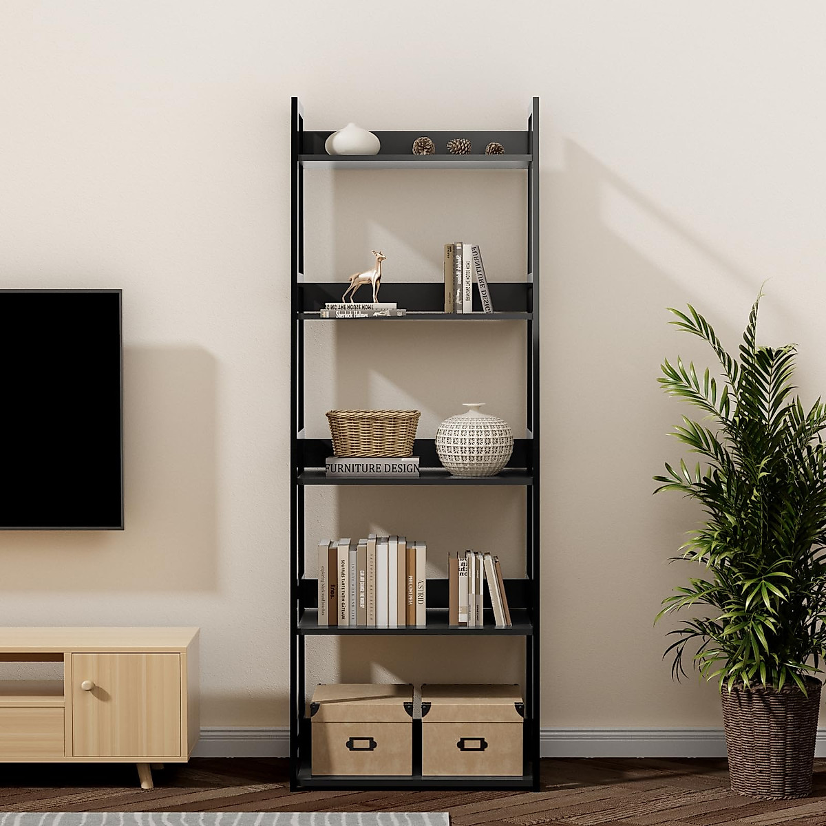 PPN Bookshelf - 5-Tier Tall Bookcase - Ladder Shelf for Bedroom/Living Room/Home Office - Black