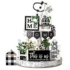 Patelai 12 Pcs Farmhouse Tiered Tray Decor Set with Tray Rustic Wooden Tray Decor Home Kitchen Table Decor Signs Farmhouse Vintage Decor Wooden Shelf Signs for Fall Halloween Xmas Decor (Plaid Style)