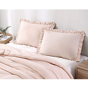 Chezmoi Collection Nora 3-Piece Ruffled Edge Trim Duvet Cover Set - Hypoallergenic Soft Washed Microfiber Comforter Cover with Button Closure and Corner Ties - King, Blush