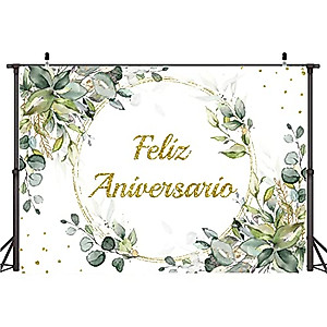 Lofaris Feliz Aniversario Backdrop for Photography Green Leaves Shinning Dots Gold Ring Mexican Happy Anniversary Decorations Supplies Floral Cake Table Banner Photo Booth Props 7x5ft