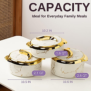 Hywisnok Luxury 3-Piece 2.6/2.1/1.6qt Thermal Casserole Dish Set with Lids, Insulated Stainless Steel Container for Hot & Cold Food, Serving Bowl for Buffets/Parties-Marble White