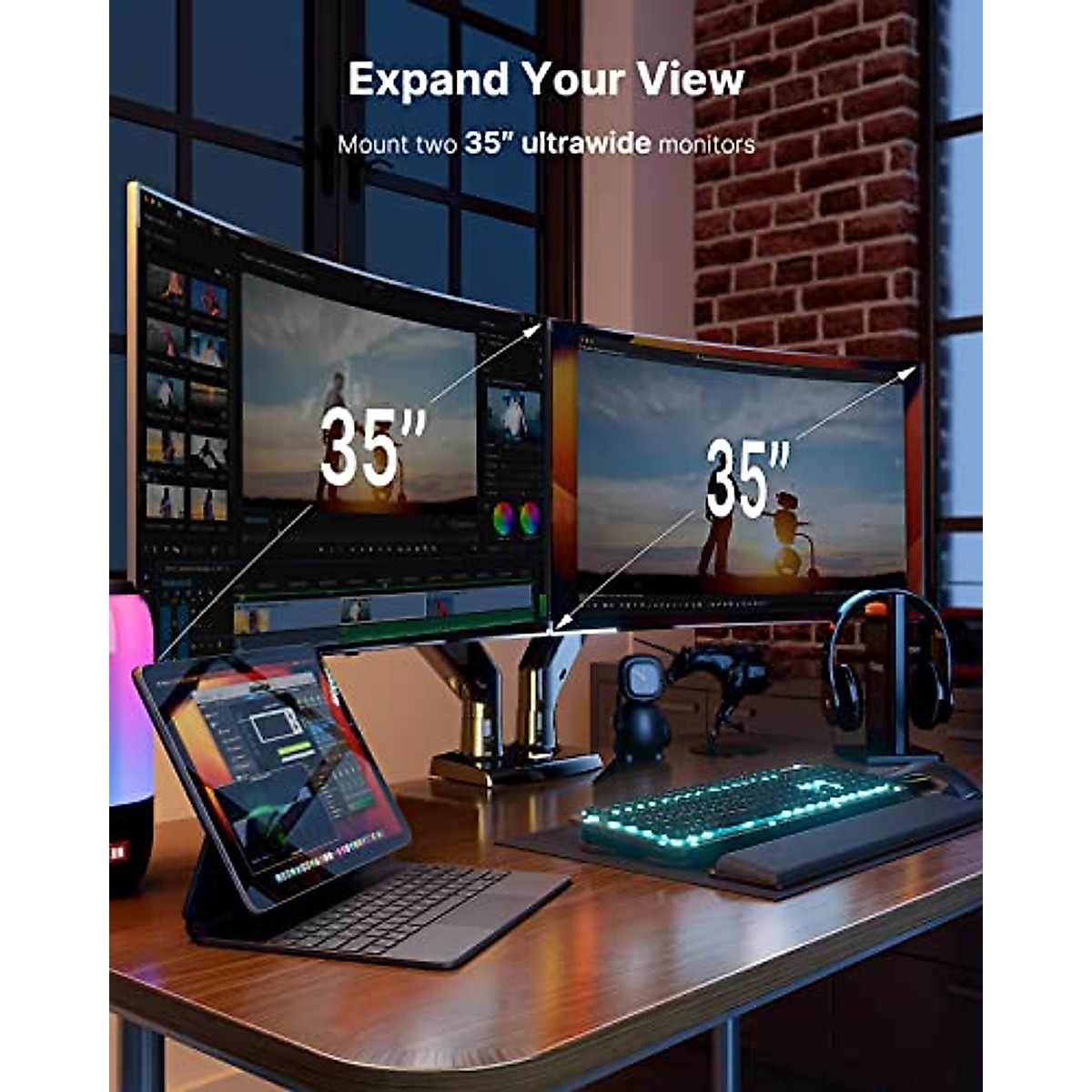 HUANUO Dual Monitor Stand for 13 to 35 inch, Premium Dual Monitor Mount with USB, Height Adjustable Monitor Stands for 2 Monitors VESA Bracket with Clamp/Grommet Base, Each Arm Hold up to 26.4lbs