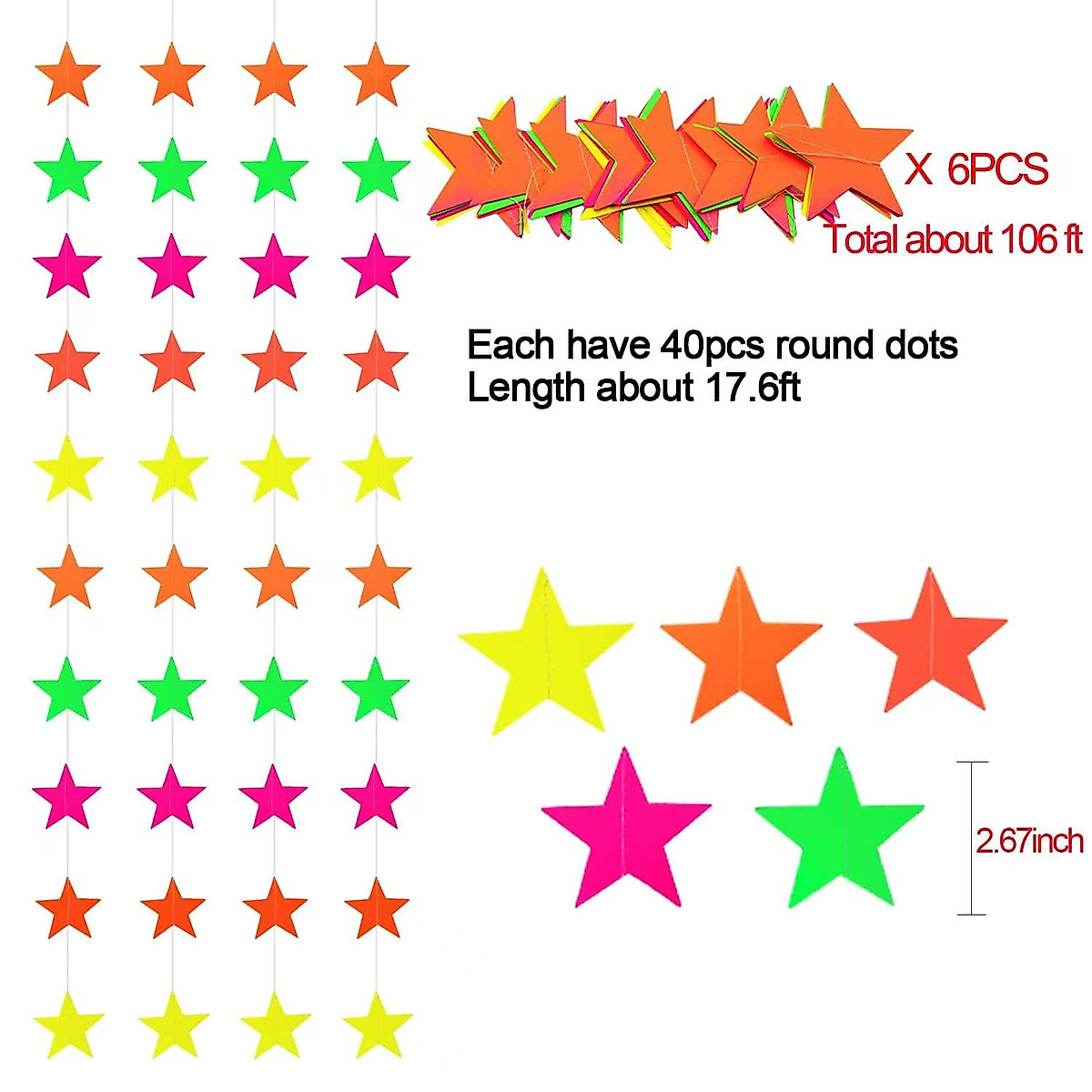 106feet Glow in The Dark Neon Star Paper Garland Under Blacklight for Birthday Party Supplies and Decorations Hanging Fluorescent Green Pink Streamers for Party Favors Wedding Accessories