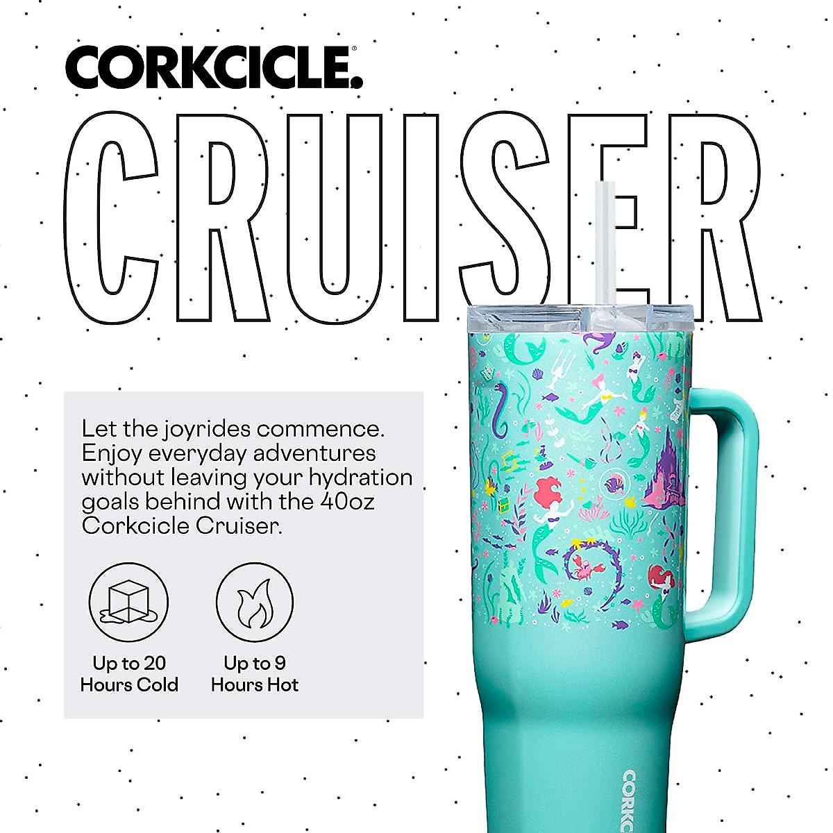 Corkcicle x Disney Princess Ariel Cruiser Insulated Tumbler with Handle & Straw - 40 oz Reusable Water Bottle Keeps Beverages Cold for 20 Hrs, Hot for 9 Hrs – Cupholder Friendly, Spill Proof Tumbler
