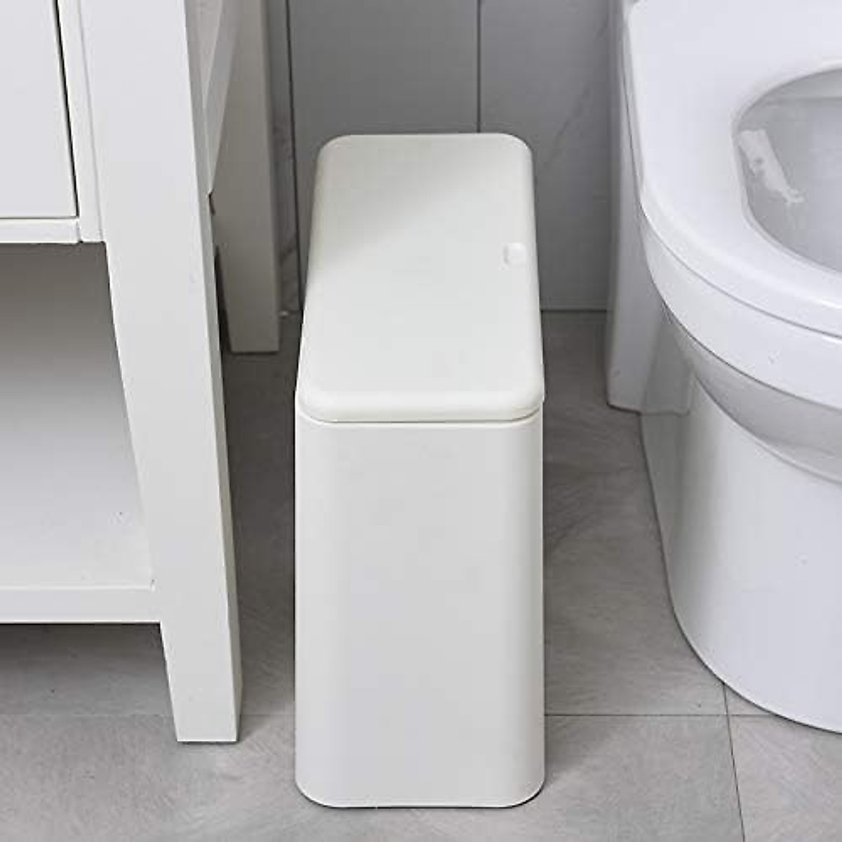 Modern Wastebasket Thin Trash Can,Small Rectangular Dog Proof Plastic Trash Bin,3.2 Gallon/12 Liter Slim Plastic Trash Can Wastebasket with Press Type Lid, White