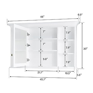 WELLFOR 48"x 30" Wall Mounted Medicine Cabinet with Double-Side Mirrors, Solid Wood Mirror Cabinet Storage with Open/Built-in 6 Shelves and Soft-Close Door, Wood Medicine Cabinet with Mirror