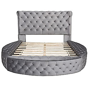 Harper & Bright Designs Full Size Upholstered Bed with Storage and Headboard, Round Shape Upholstery Platform Bed, Low Profile Design, Gray