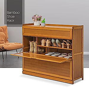 MoNiBloom Bamboo 5 Tier Shoe Storage Cabinet with Pull-Down Doors for Heels Sneakers Shoes Rack Organizer for 31-35 Pairs Entryway Hallway Living Room, Brown