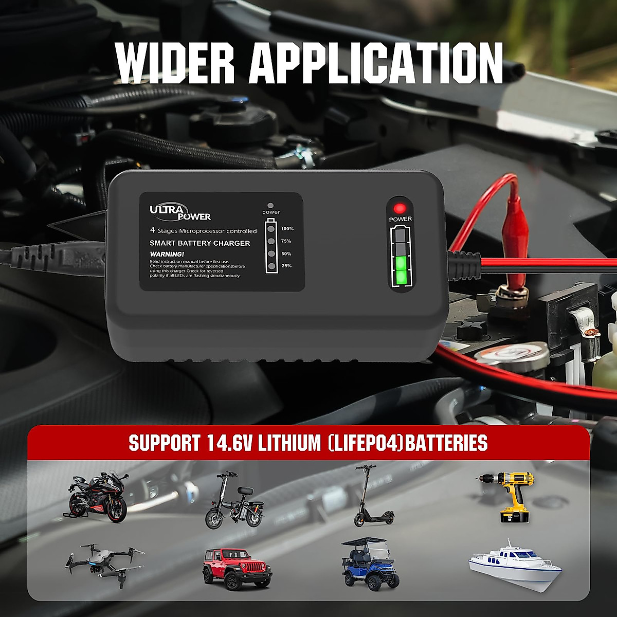 ULTRAPOWER 4-Amp 14.6 Volt LiFePO4 Battery Charger,12.8 Volt LiPO Lithium Battery Charger,Smart Battery Charger Maintainer for Cars,Motocycles,Golf Carts,UAV,Fishing Boat and Deep Cycle Batteries.