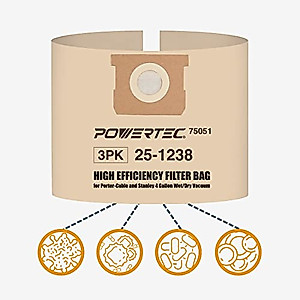 POWERTEC Shop Vacuum Bags 3PK for Stanley 25-1238/ Porter Cable PCX18301-4B, SL18301-3B 4 Gallon Vacuum Bags, Replacement Filter Bags for Stanley & Porter Cable Shop Vacuum Accessories (75051)