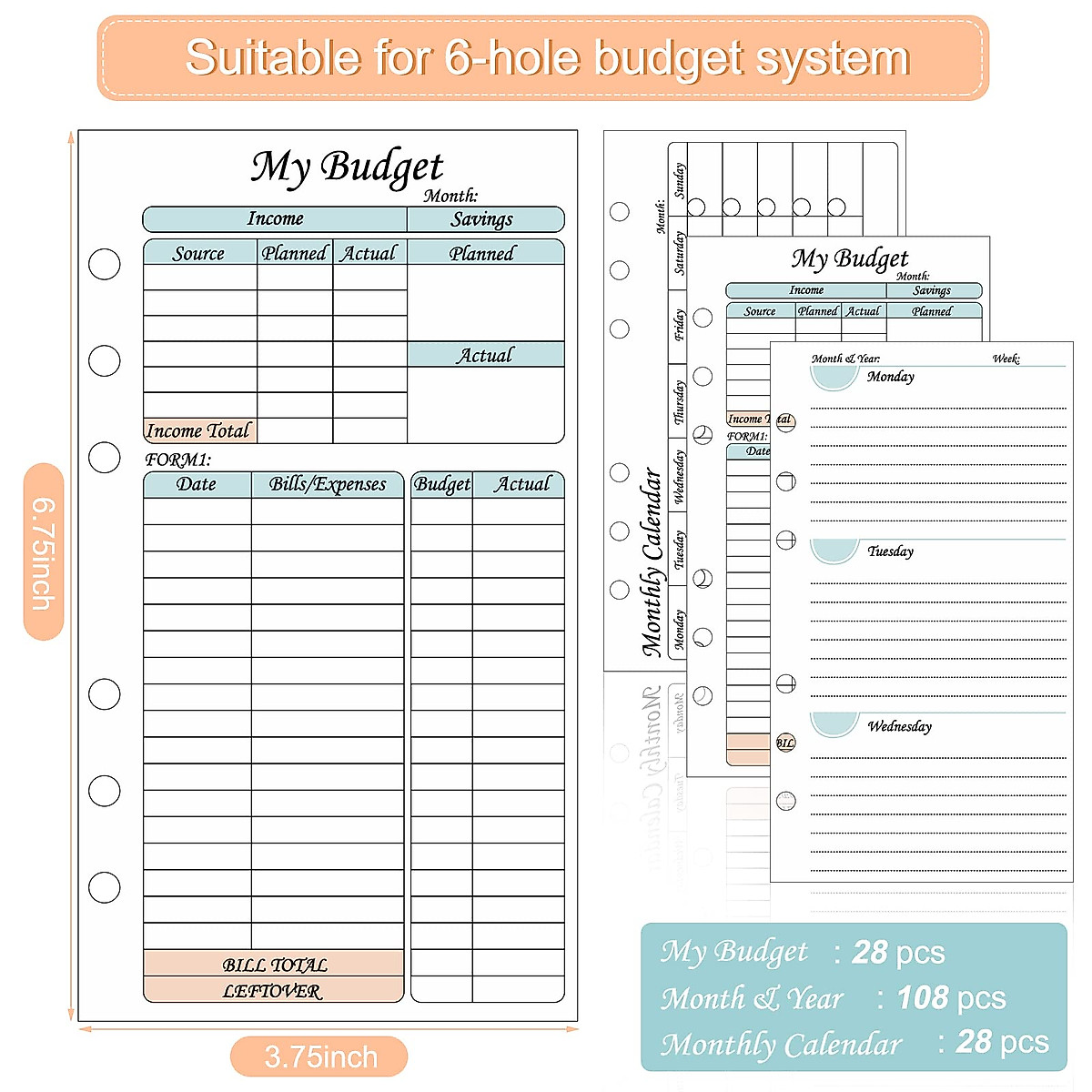 164 Sheets 6 Hole Budget System Refill 37.4 x 66.93 Inch Classic Weekly Monthly A6 Planner Inserts Personal Double Sided 6 Ring Planner Refill for Binder Cover Budgeting Envelope Wallet Bill Saving