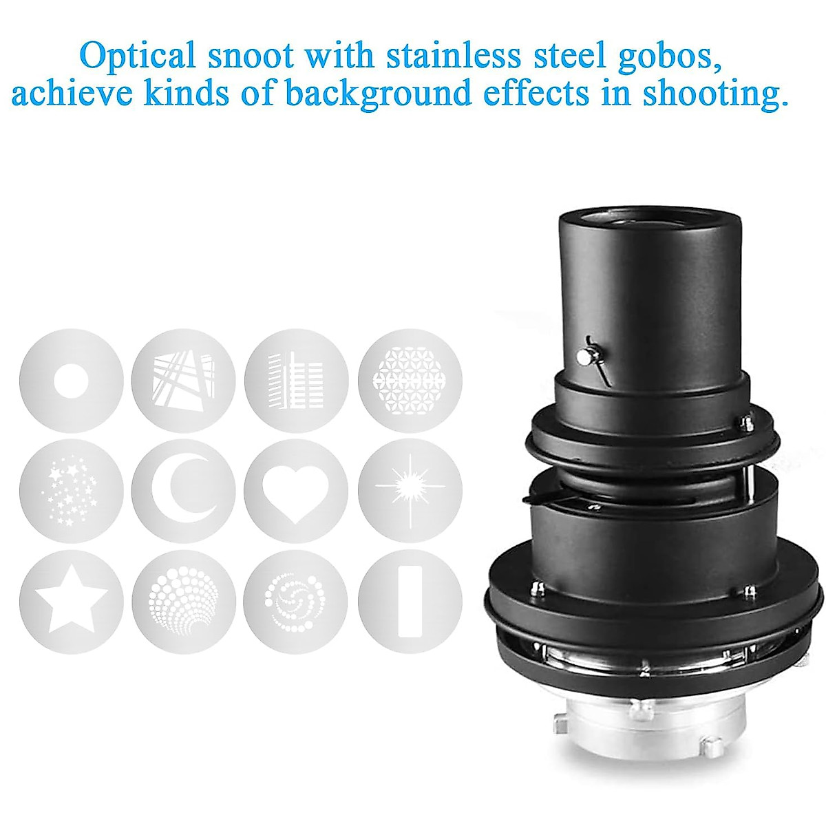 Alluneitter Bowens Mount Snoot,Strobe Video Snoot Conical Projector snoot with Optical Lens kit Include Various Gobos Used for Video Artist Modelling Shape Light Studio Photography Projection