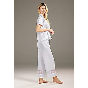 AW BRIDAL 2Pcs Comfy Womens Loungewear Set Pj Set- Short Top Long Pj Pants Silk Pajamas For Women, Satin Pajamas Women, White, L| Bridal Party Pajamas Bride Gifts Bridesmaid Gifts For Wedding Day