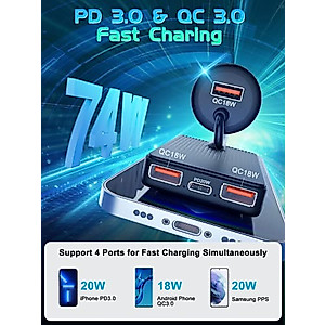 Car Charger USB C, 74W Fast USB Car Charger Adapter with PD 3.0/QC3.0 Type C Car USB Charger Multi Port with 6.3FT Cable for Front & Back Seat Fast Charging Compatible with iPhone, Samsung, IPad ect