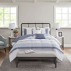 Madison Park Allegany Jacquard Comforter Set, Casual Farmhouse Striped Design, Modern Bedroom Décor, All Season Bedding with Matching Sham, Decorative Pillows, King/Cal King, Blue 5 Piece