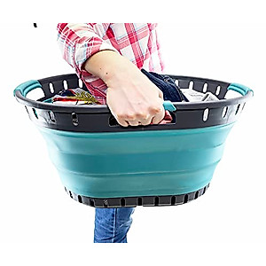 SAMMART 25L (6.6 gallon) Set of 2 Collapsible Plastic Laundry Basket - Foldable Pop Up Storage Container/Organizer - Portable Washing Tub - Space Saving Hamper/Basket (Alloy Grey + Crystal Blue)