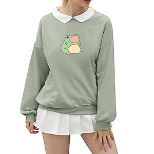 KIEKIECOO Cute Aesthetic Frog Sweatshirt for Teen Girls Kawaii Cartoon Graphic Hoodie Womens Preppy Cotton Pullover Sweaters(Green,Large)