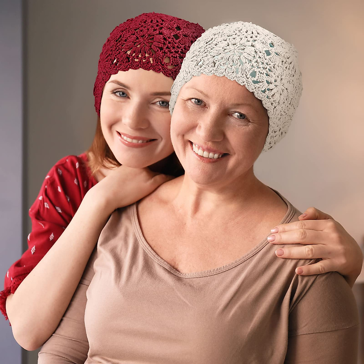 JenPen 2 Pieces Floral Crochet Slouchy Beanie Hat Handmade Knit Cutout Women Floral Skull Cap Stretchy Knitted Crochet Hat for Women (Beige, Wine Red)