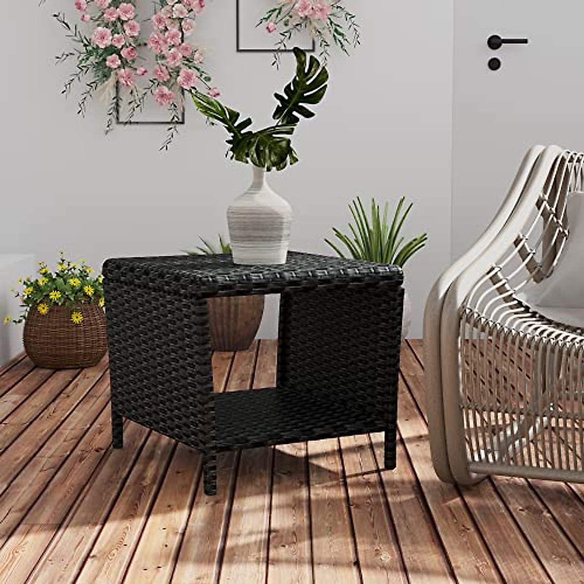 Sundale Outdoor Patio 19" Wicker Coffee Table, Small 2-Tier Rattan Square Short Storage Side Table, All-Weather End Accent Table for Outside Deck Yard Terrace Pool Garden, Black