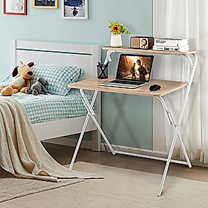 Tangkula 2-Tier Folding Desk w/Large Desktop & Top Shelf, No-Assembly-Required Laptop Table, Modern Computer Desk w/Metal Frame, Space-Saving Home Office Desk for Dorm, Apartment (Oak)