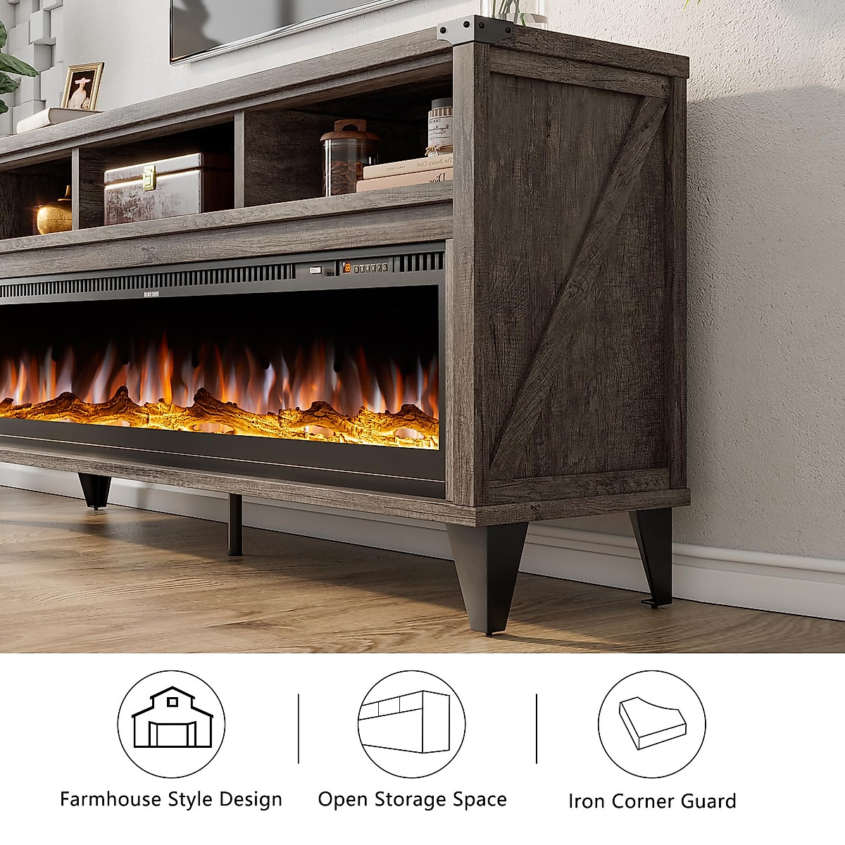 LUXOAK 65“ Fireplace TV Stand, Farmhouse Entertainment Center with 60" Tempered Glass Electric Fireplace, Industrial Media Console with Open Storage Space for TVs up to 75", Light Gray