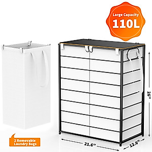 Laundry Hamper with Lid 2 Section, Double Laundry Basket Separation Organizer with Cover, Dirty Clothes Hamper, Large Capacity Iron-Made Laundry Sorter Laundry Room Organization