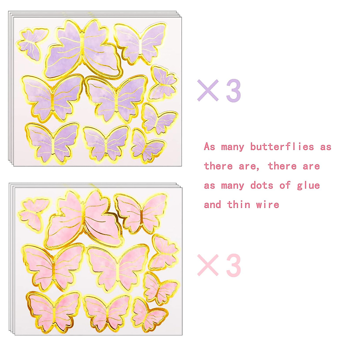 60PCS Pink Purple Gold Butterfly Cake Toppers, 3D Cupcake Toppers Happy Birthday Metal Gold Topper for Girls Women's Party Decorations Women Party Wall Food Decorations,Mixed Size