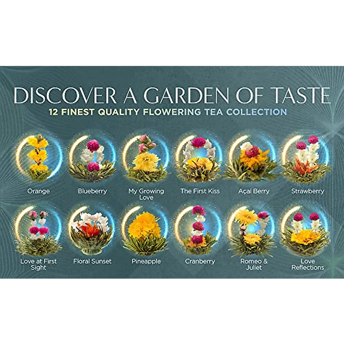 Teabloom Flowering Tea Chest - Curated Collection of 12 Gourmet Flowering Teas - Packaged in Beautiful Gift-Ready Tea Box