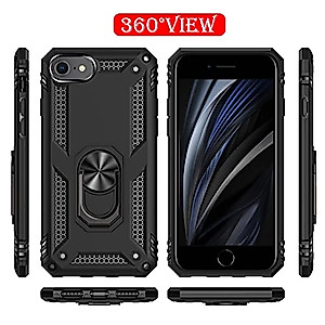 UniSpg iPhone SE Case 2022/2020, iPhone 8 Case, iPhone 7 Case [Military Grade Drop Texted] Protective Shockproof Phone Case with Magnetic Ring Kickstand for iPhone SE 3rd&2nd 8 7 SE 2022 2020 - Black