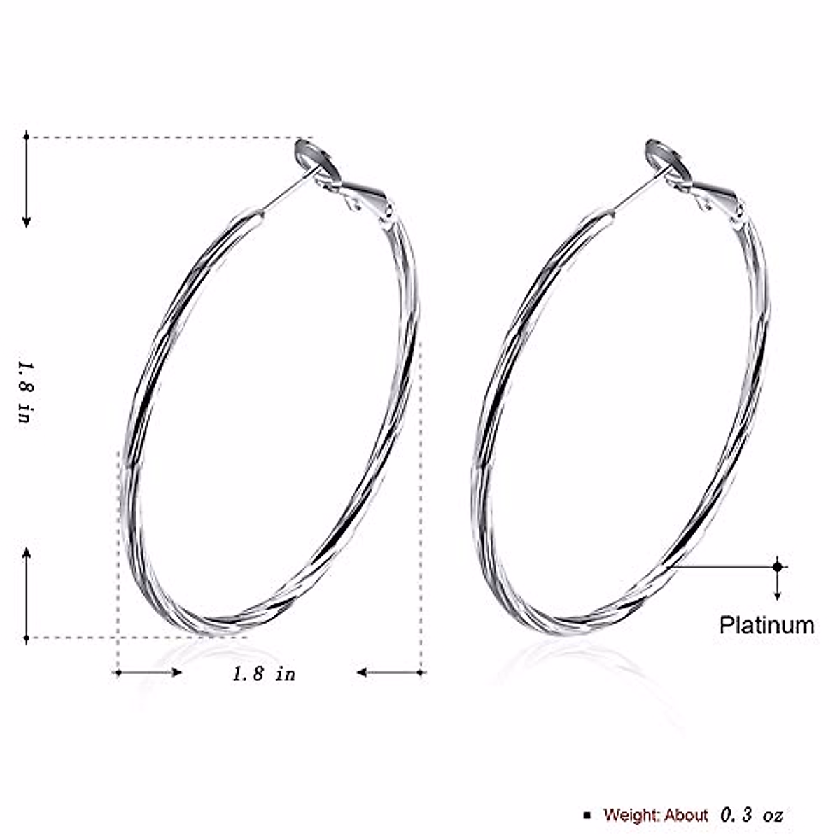 Hoop Earrings, 18K White Gold Plated Rounded Hoops Earrings for Women 46mm