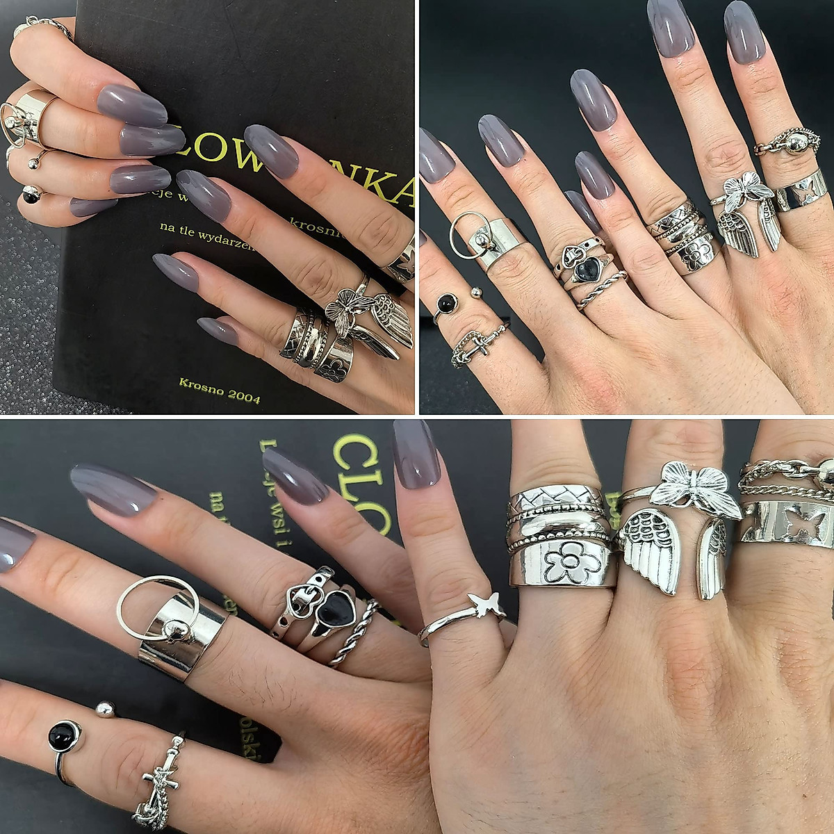 ZELORES 16Pcs Vintage Silver Knuckle Rings for Men Women Adjustable Open Chain Finger Rings Y2K Gothic Punk Stackable Ring Set