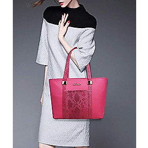 Rullar Women 6 Pcs Bag Set Stitching Handbag and Purse PU Top-handle Bag Tote Clutch Wallet Card Holder Rose