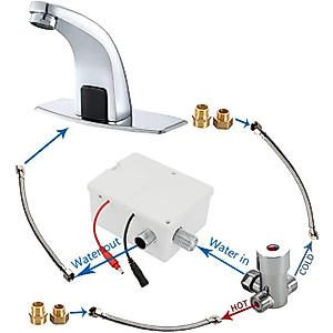 Automatic Touchless Bathroom Faucet Motion Sensor Sink Faucets, Hands Free Water Tap with Temperature Mixer Single Hole Cover Plate and 3/8" 1/2" Adapter & 3 Hoses, Chrome Finished