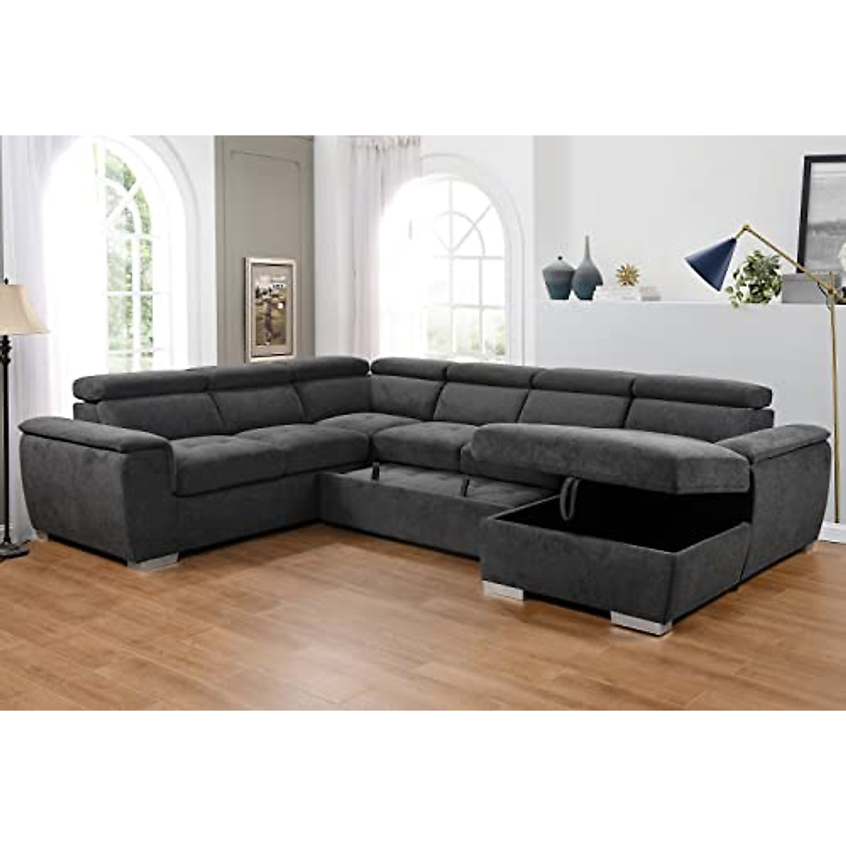 FANYE Gray Corner Sectional Sleeper Reversible Storage Chaise, Modern Convertible Practical Sofa W/Pull Out Sleep Couch Bed for Home Apartment OfficeGray U-Shaped