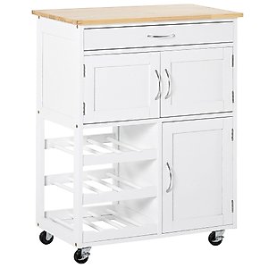HOMCOM Bar Cart Rolling Kitchen Island on Wheels with 9-Bottle Wine Rack, Small Kitchen Cart with Wide Drawer, Kitchen Storage Cabinets, Wooden Countertop, White