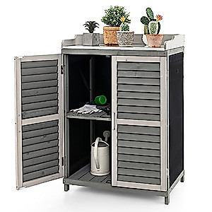 Goplus Outdoor Potting Bench Table, Garden Storage Cabinet w/Metal Tabletop, Roll-up Side Door, Solid Wood Potting Workstation for Garden, Patio, Grey