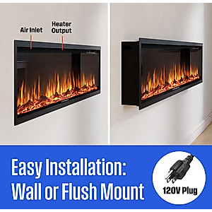 Westinghouse 50 Inch Electric Fireplace Heater, Compatible with Alexa & Google Home, Wall Mount or in-Wall Recessed Fireplace Insert, 24 Hour Timer, Color Changing Flames, 750W/1500W Indoor Heater