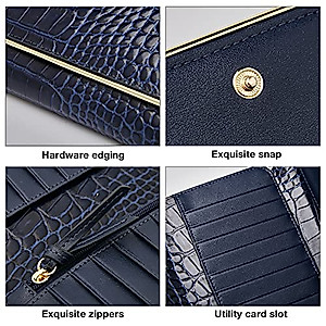 Leather Clutch Wallet for Women, Crocodile Pattern Split Cowhide Gift Box Packing Ladies Clutch Purses with Zipper Coin Pocket Rfid Blocking Womens Trifold Evening Wallet (Blue)