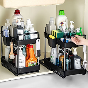 Under Sink Organizers and Storage, 2-Tier Pull out Cabinet Organizer, Under the Cabinet Organizer Slide Out Cleaning Supplies Organizer for Bathroom, Kitchen (Black, 2 Pack)
