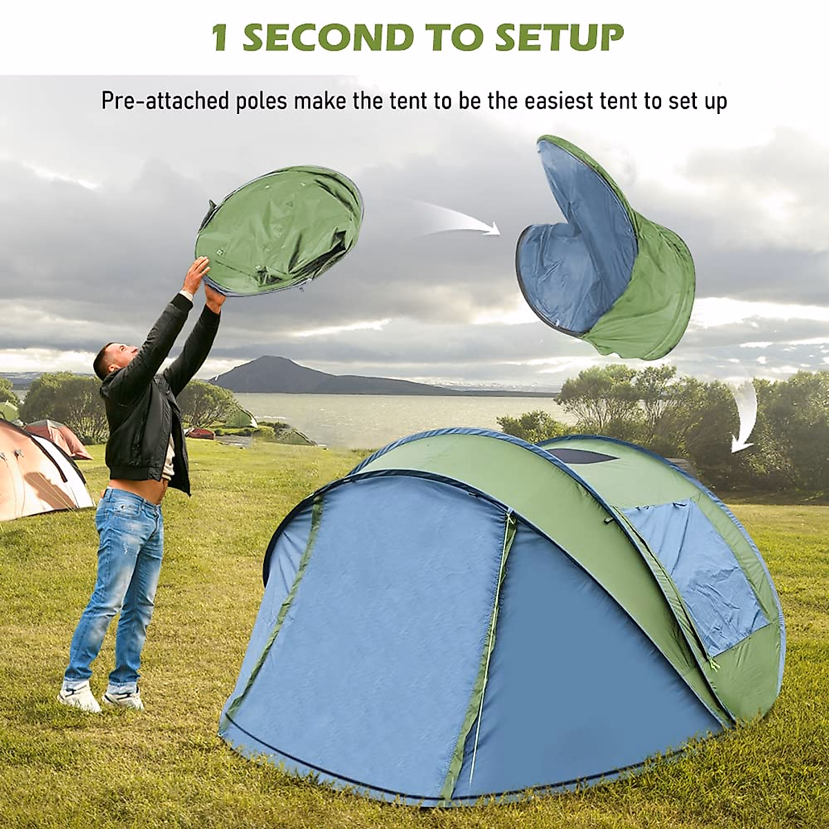Pop Up Tent, HIKERBRO 4 Person Instant Tent with Skylight, Waterproof Instant Pop Up Tent with Rainfly, Easy Setup Camping Tents, 2 Doors & Windows, 4 Men Automatic Family Tent for Hiking, Traveling