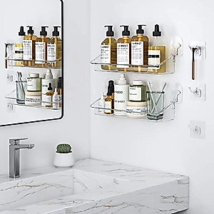 UDD Clear Shower Caddy with Razor Holder Hook, Wall Floating Shelves Shower Organizer Storage Rack Adhesive Shower Shelf for Bathroom (2 Pack, Large)