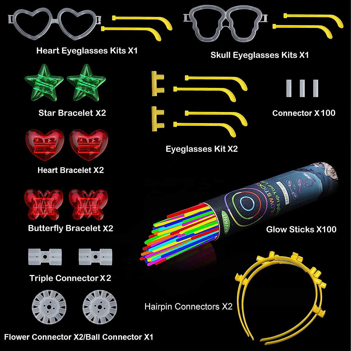 AIVANT Glow Sticks Bulk Party Supplies | 216 PCS Glow Stick Set with Connectors for Eyeglasses Hairpins Balls Butterflies | Glow in the Dark Light Up Sticks Party Favors Decorations