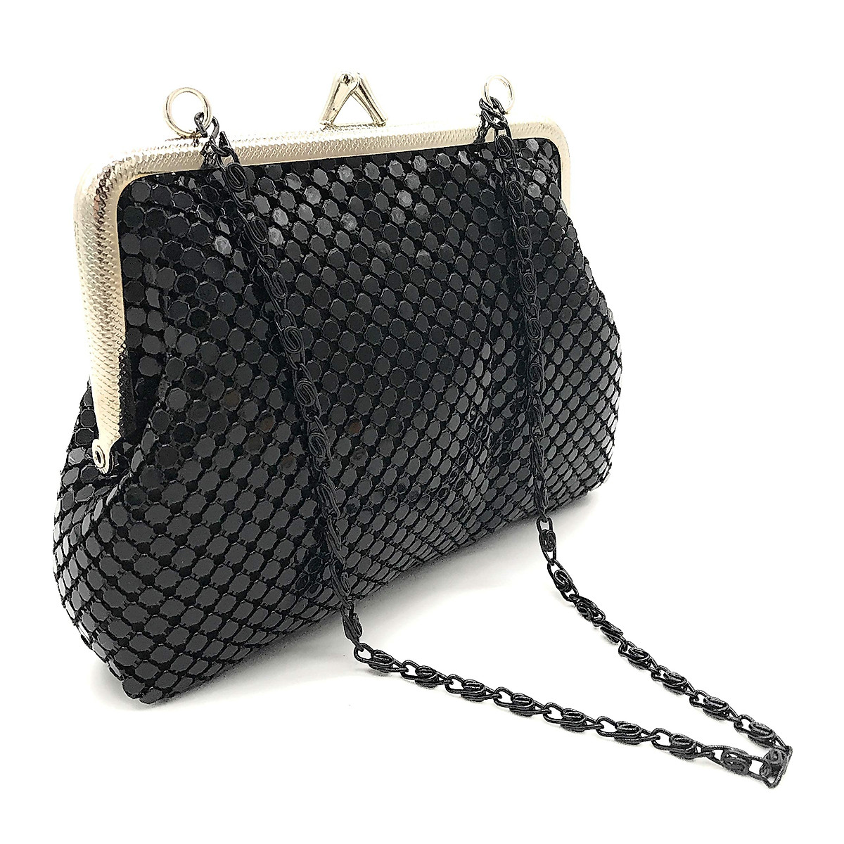 X-Small Women clutch metal mesh purse Hand strap carry for Cocktail Party Prom Wedding Banquet (Black)