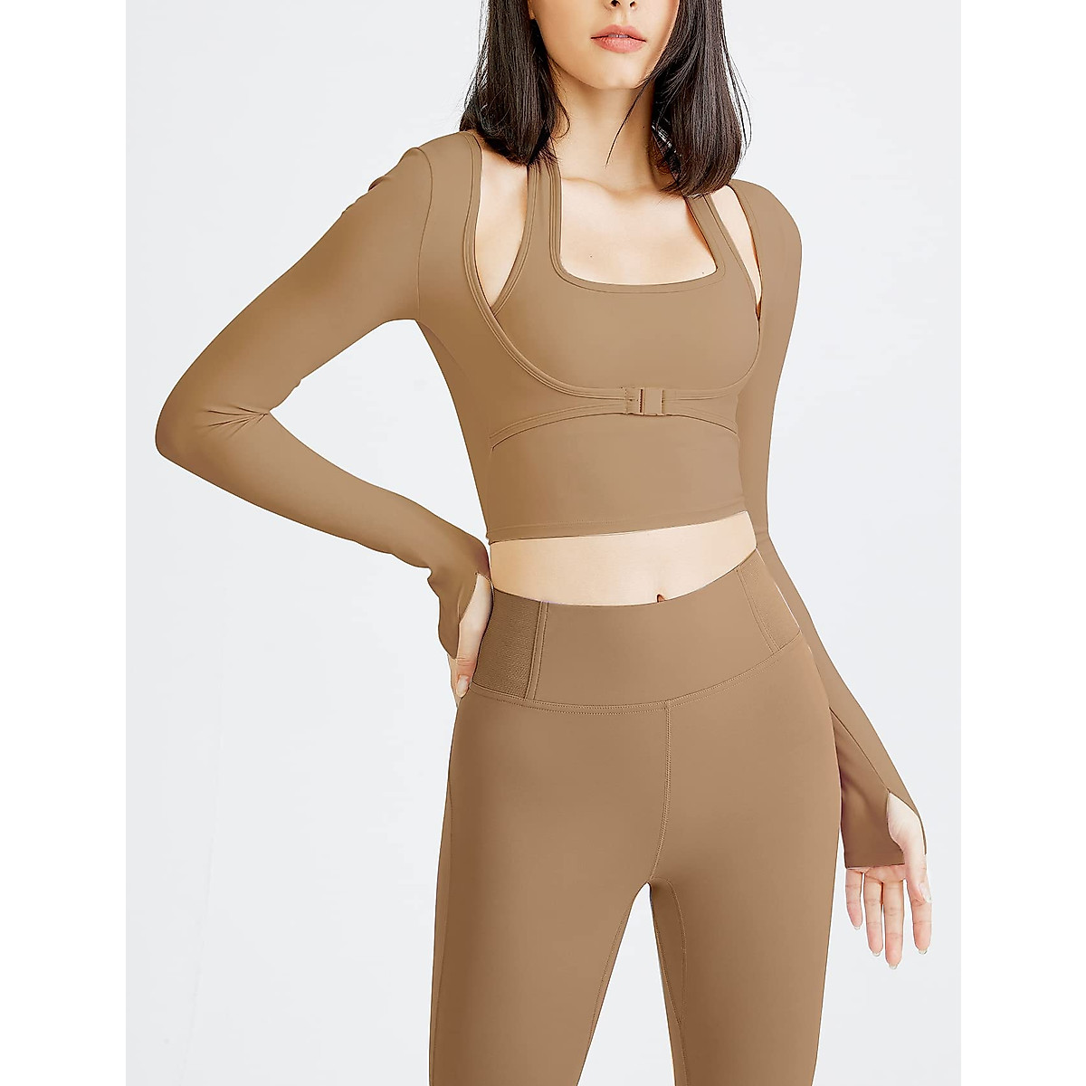 COZYPOIN Women Yoga Bra Long Sleeve Cropped Athletic Shirts Workout Tops Gym Cutout Sports Tees with Built(Coffee-S)