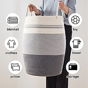 OIAHOMY Laundry Hamper Woven Rope Large Clothes Hamper 25.6" Height Tall Laundry Basket with Extended Handles for Storage Clothes Toys in Bedroom, Bathroom, Foldable (Dark Grey)