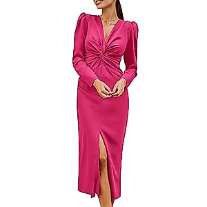 PRETTYGARDEN Women's Fall Fashion 2023 Long Puff Sleeve Maxi Dresses V Neck Twist Front Formal Dress with Slit (Rose Red,Medium)
