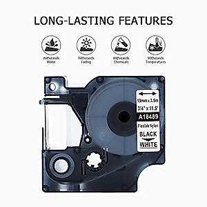 Oozmas Replacement for 18489 Dymo Rhino 3/4" White Flexible Nylon Tape Compatible with DYMO Rhino 5200 4200 5000 6000 Industrial Label Maker Refills a18489, Black on White, 3-Pack